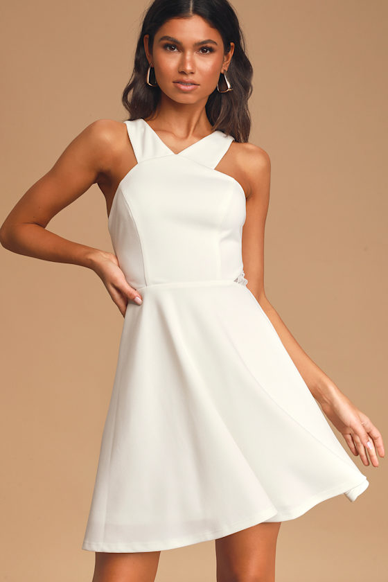 Cute White Dress - Lace Skater Dress -Halter Mini Dress - Lulus