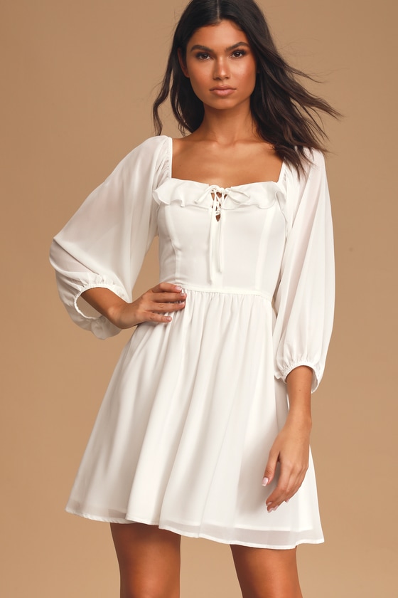 Chic White Dress Three Quarter Sleeve Dress Mini Dress Lulus