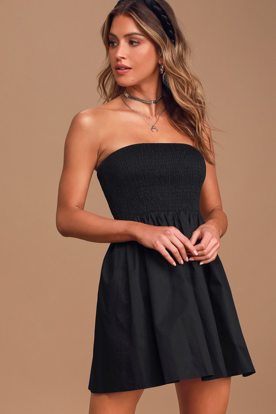 Cute Black Mini Dress Strapless Dress Smocked Skater Dress Lulus