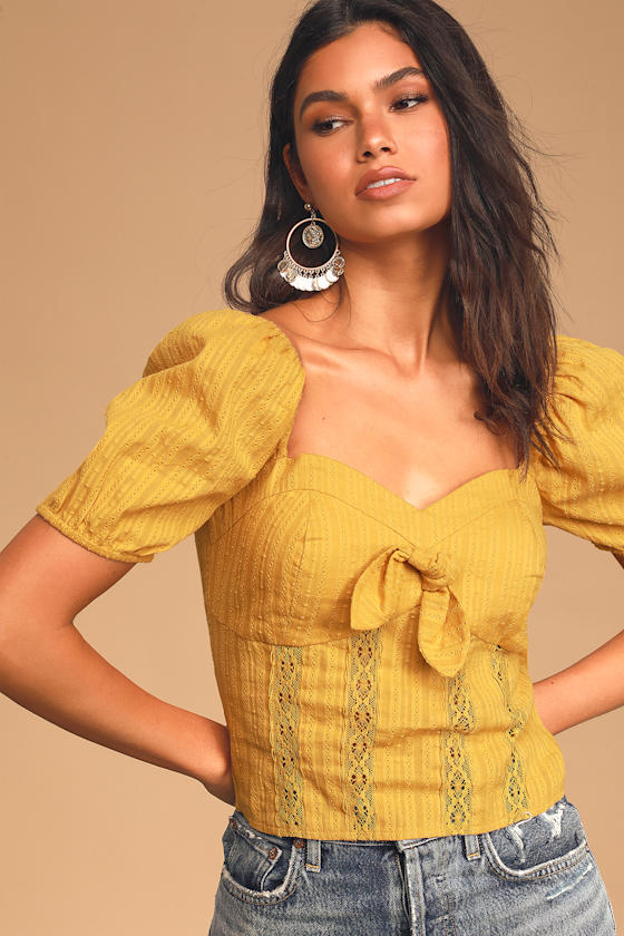 Trendy Mustard Yellow Top - Puff Sleeve Top - Lace Bustier Top - Lulus