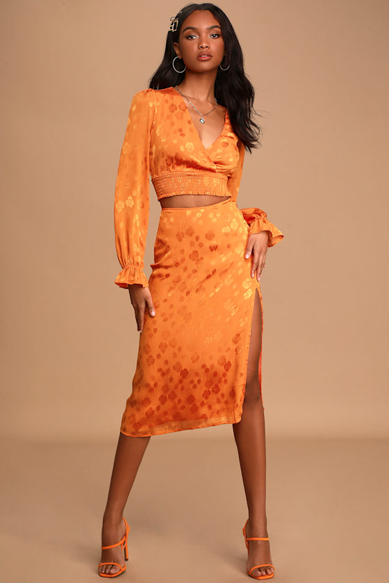 Chic Orange Midi Skirt - Floral Jacquard Skirt - Cute Midi Skirt - Lulus