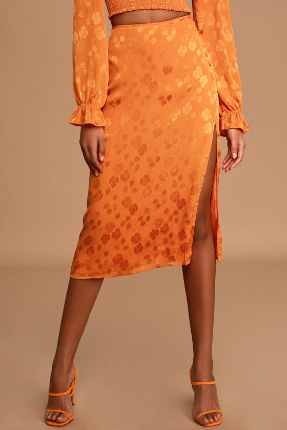 Chic Orange Midi Skirt - Floral Jacquard Skirt - Cute Midi Skirt - Lulus