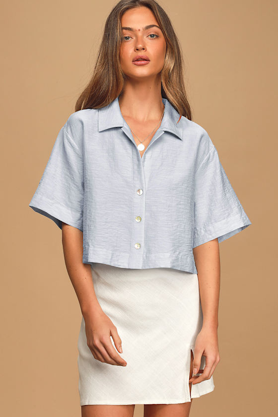 Cute Blue Top - Button-Up Top - Crop Top - Short Sleeve Top - Lulus