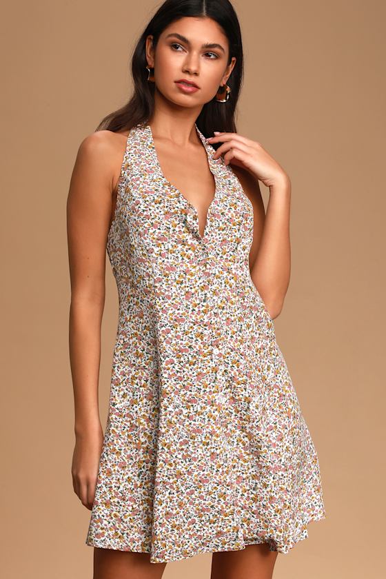 Rolla's Halter Coast - Floral Print Mini Dress - Button-Up Dress - Lulus