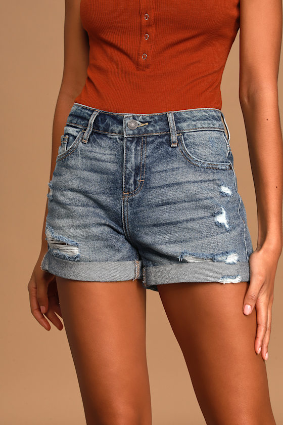 Medium Wash Shorts - High-Rise Distressed Shorts - Cuffed Shorts - Lulus