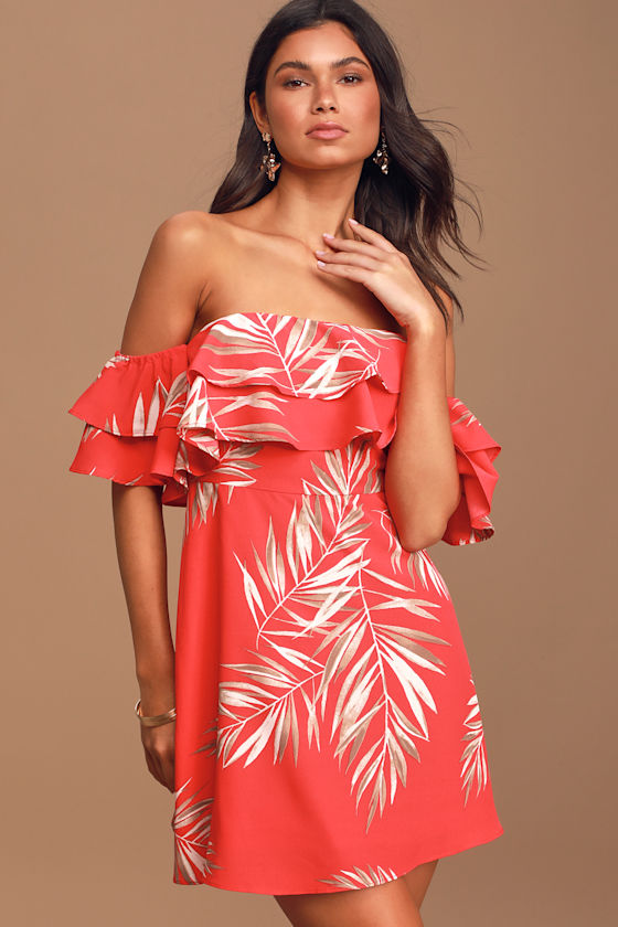 Cute Bright Coral Dress - Leaf Print Dress - Mini Dress - Lulus