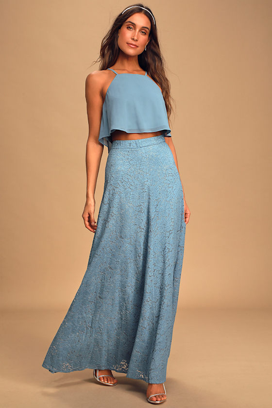 Lovely Slate Blue Two-Piece Dress - Lace Dress - Maxi Dress - Lulus