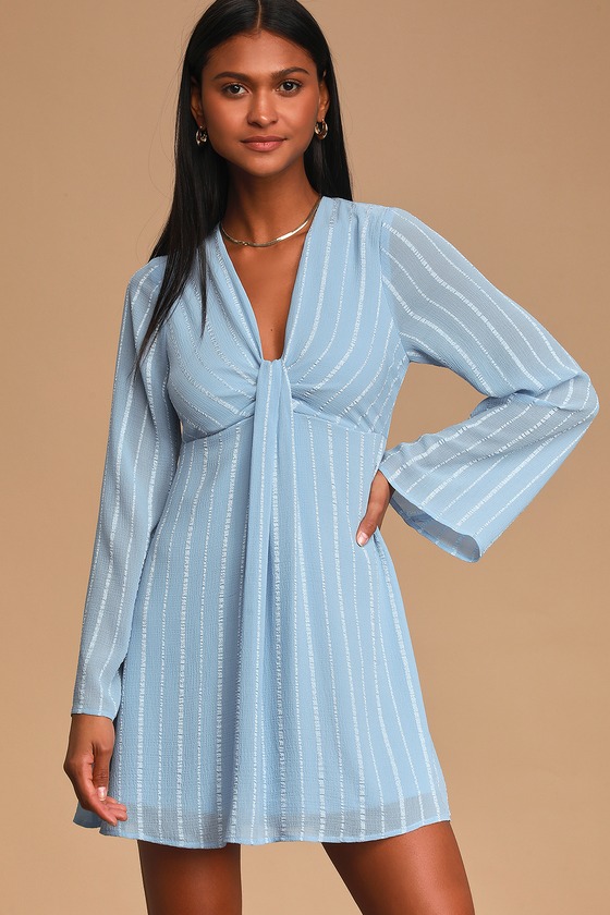Cute Dusty Blue Dress Twist Front Mini Dress Striped Dress Lulus
