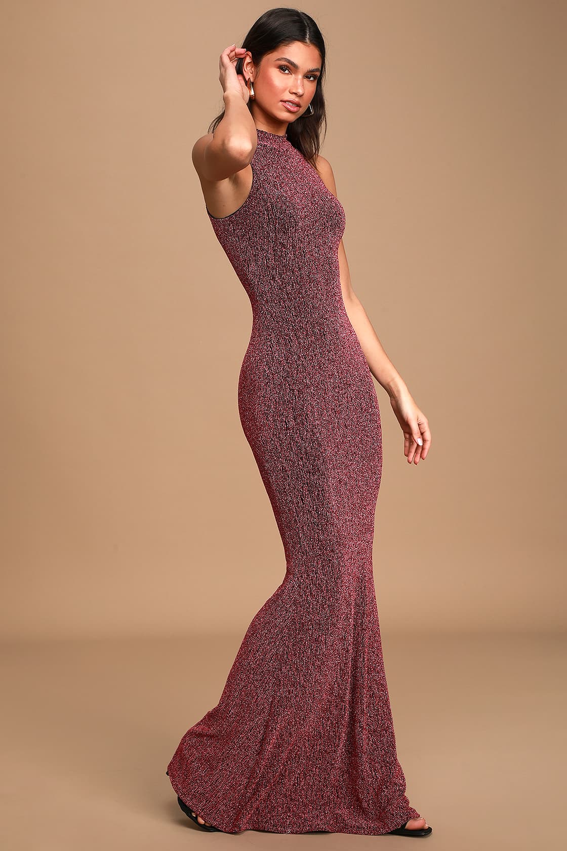 Pink Metallic Dress - Mermaid Maxi Dress - Mock Neck Maaxi Dress - Lulus