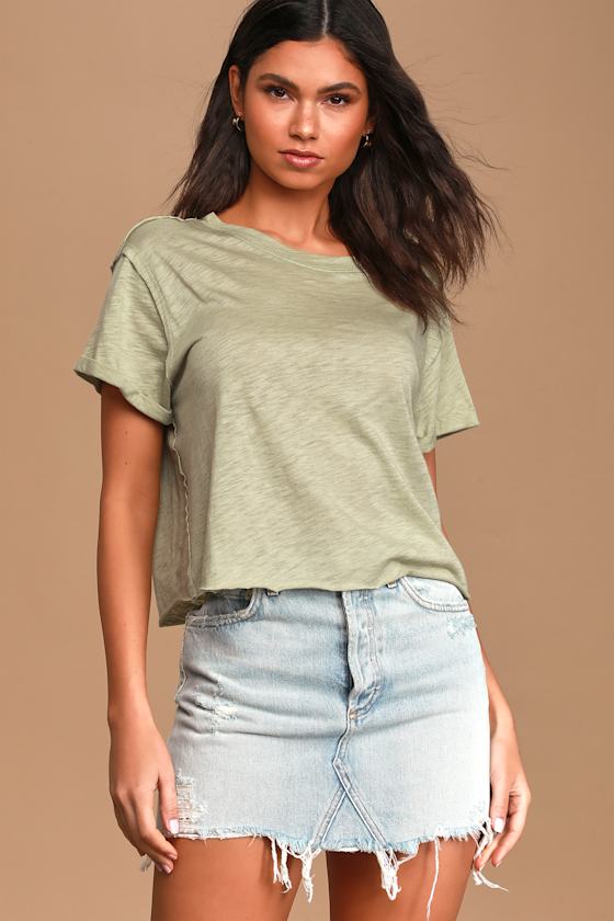 Green Slub Knit Tee - Raw Hem Tee - Sage Green T-Shirt - Lulus
