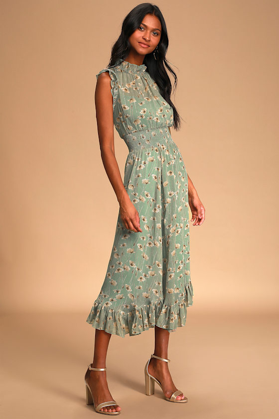 Ruffled Floral Dress - Green Floral Midi Dress - Chiffon Dress - Lulus