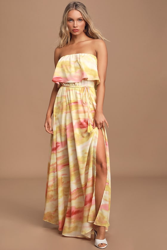 Cute Yellow Maxi Dress Tie Dye Maxi Dress Strapless Dress Lulus