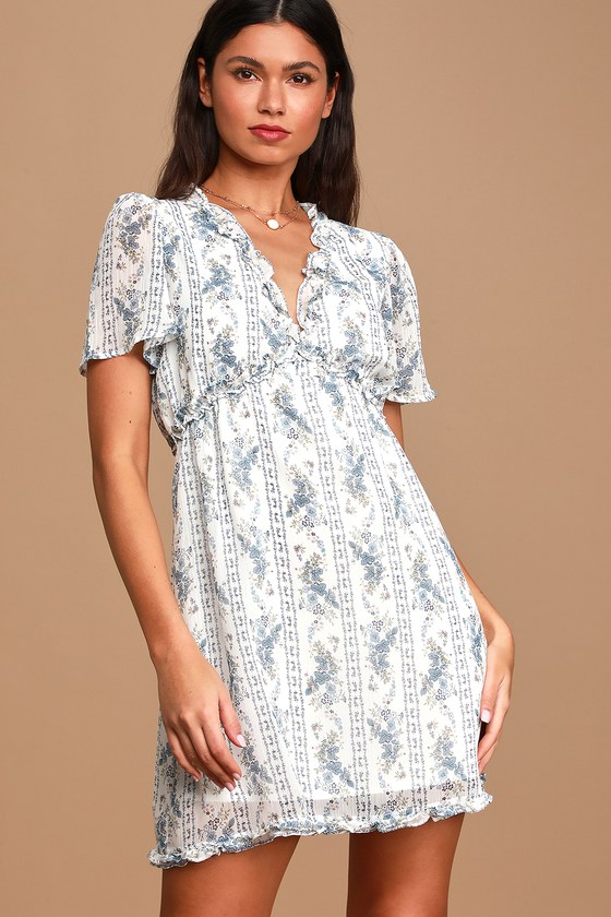 White Floral Print Dress Trendy Ruffled Dress Cute Mini Dress Lulus
