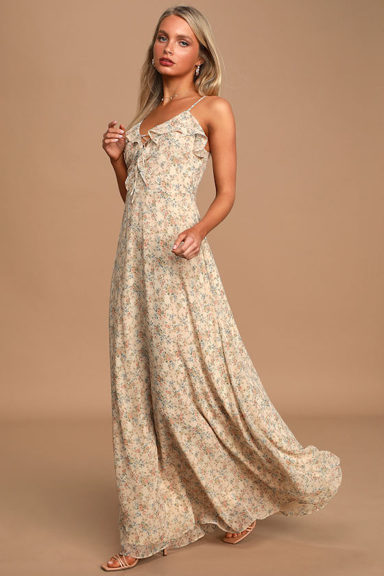Cute Cream Floral Print Dress - Ruffled Maxi Dress - Lace-Up Maxi - Lulus