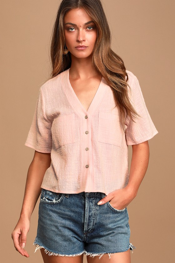 Cute Light Pink Top Button Up Top Short Sleeve Crop Top Lulus