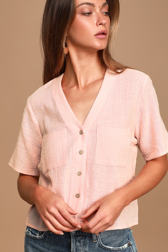 Cute Light Pink Top Button Up Top Short Sleeve Crop Top Lulus