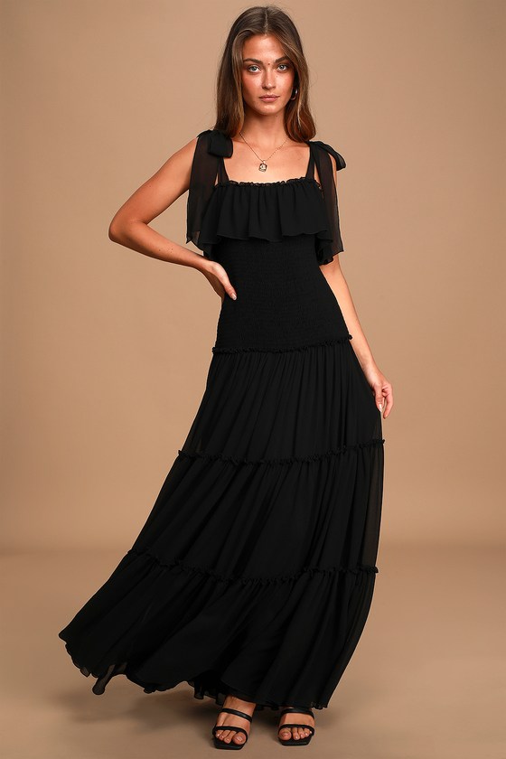 Black Maxi Dress Tiered Maxi Dress Cute Tie Strap Dress Lulus