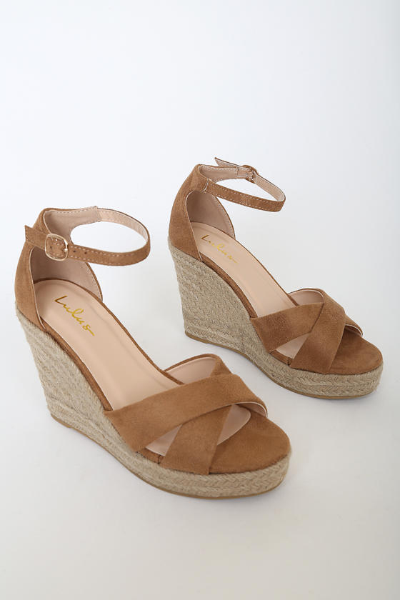 Cute Camel Suede Wedges - Espadrille Wedges - Vegan Suede Heels - Lulus