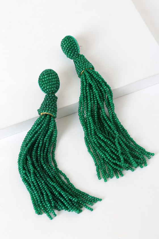 Chic Green Beaded Earrings Tassel Earrings Statement Earrings Lulus