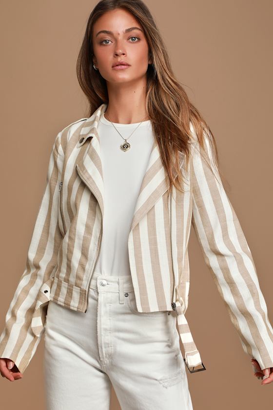 Taupe and Ivory Striped Jacket - Belted Jacket - Moto Jacket - Lulus