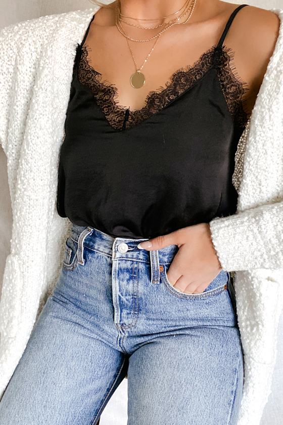 Chic Black Satin Top - Lace Cami Top - Cami - Lulus