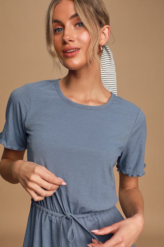 Cute Slate Blue Romper - Drawstring Romper - Lettuce Edge Romper - Lulus