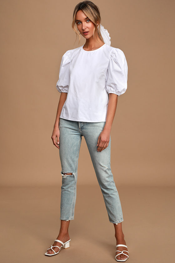 Chic White Blouse - Puff Sleeve Top - Poplin White Top - Blouse - Lulus