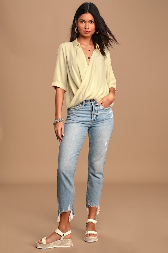 Cute Light Yellow Top - Collared Blouse - Trendy Twist-Front Top - Lulus