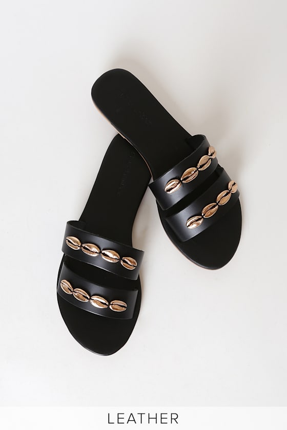 Salt+Umber Bayside - Black Slide Sandals - Leather Slide Sandals - Lulus