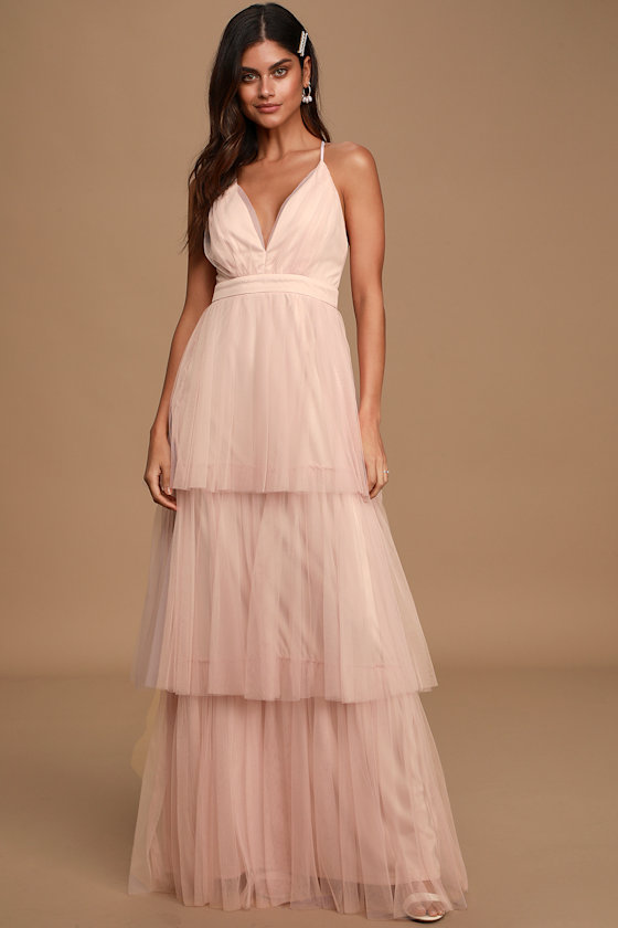 Light Blush Tulle Maxi Dress - Backless Maxi - Tiered Tulle Gown - Lulus