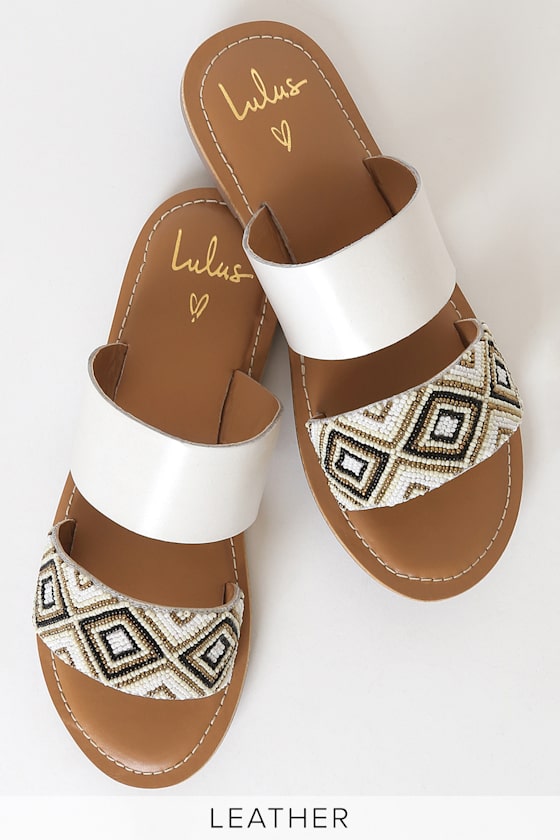 White Sandals - Leather Slide Sandals - Cute Beaded Sandals - Lulus