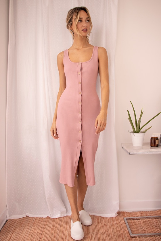 Dusty Pink Bodycon Midi Dress - Ribbed Dress - Button-Front Dress - Lulus