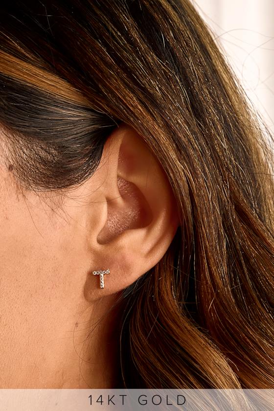 "T" Initial Earring Set - 14KT Gold Rhinestone Initial Earrings - Lulus