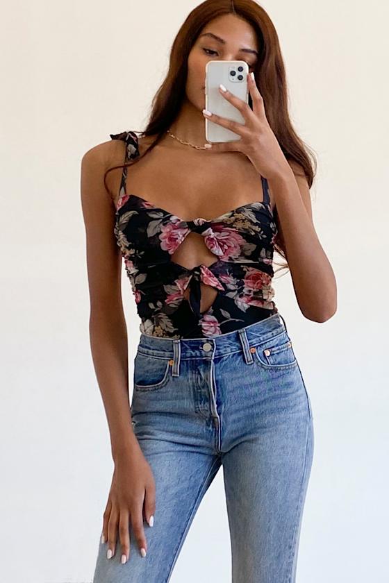 Sexy Black Bodysuit Ruched Mesh Bodysuit Cutout Bodysuit Lulus