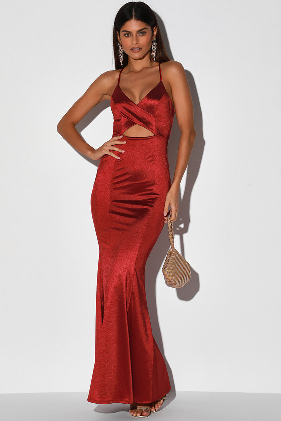 Wine Red Maxi Dress Satin Maxi Gown Strappy Backless Dress Lulus