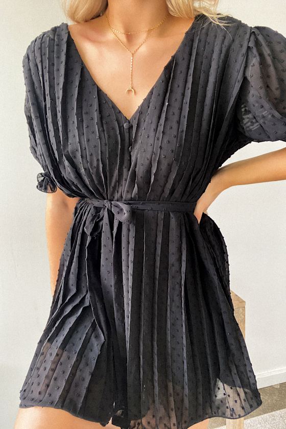 Cute Black Pleated Swiss Dot Romper - Puff Sleeve Romper - Romper - Lulus