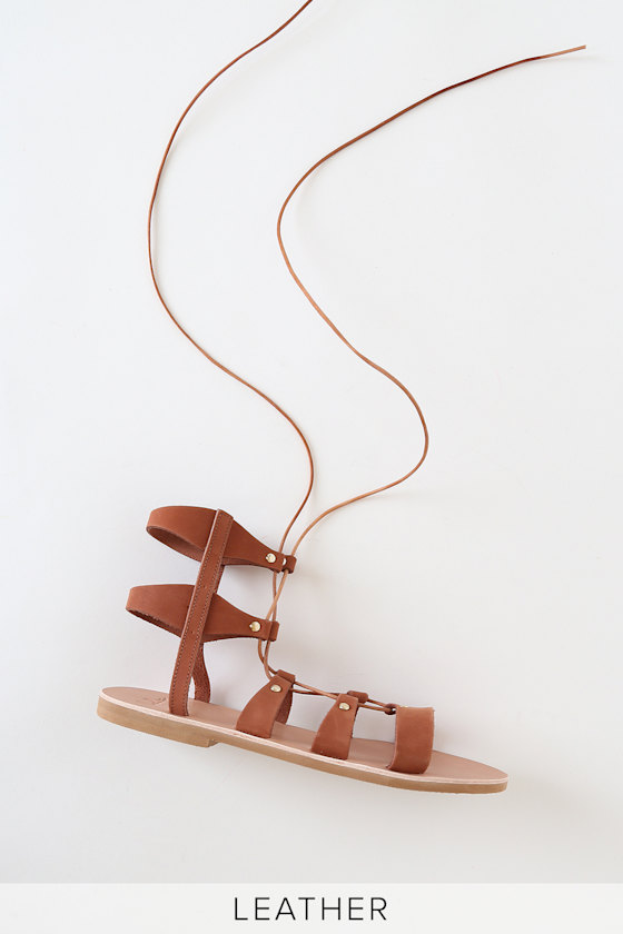 Lulus Cognac Leather Sandals - Flat Lace-Up Sandals - Gladiators