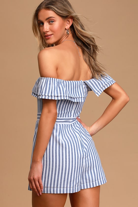 Cute Blue Striped Romper - Blue Striped Off-the-Shoulder Romper - Lulus