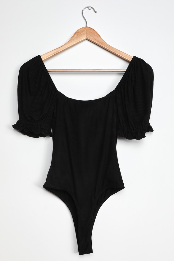 Cute Black Bodysuit Ribbed Knit Bodysuit Puff Sleeve Bodysuit Lulus