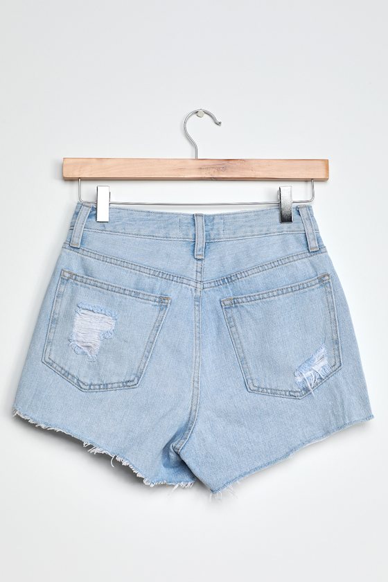 Shredded Denim Shorts - Light Wash Distressed High-Rise Shorts