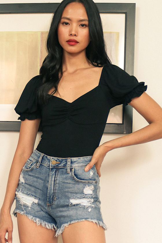 Cute Black Bodysuit - Ribbed Knit Bodysuit - Puff Sleeve Bodysuit - Lulus