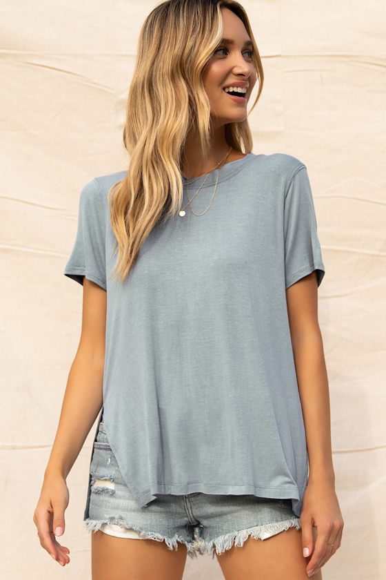 Cool Washed Blue Cupro Tee - Side Slit Tee - Raw Edge T-Shirt - Lulus