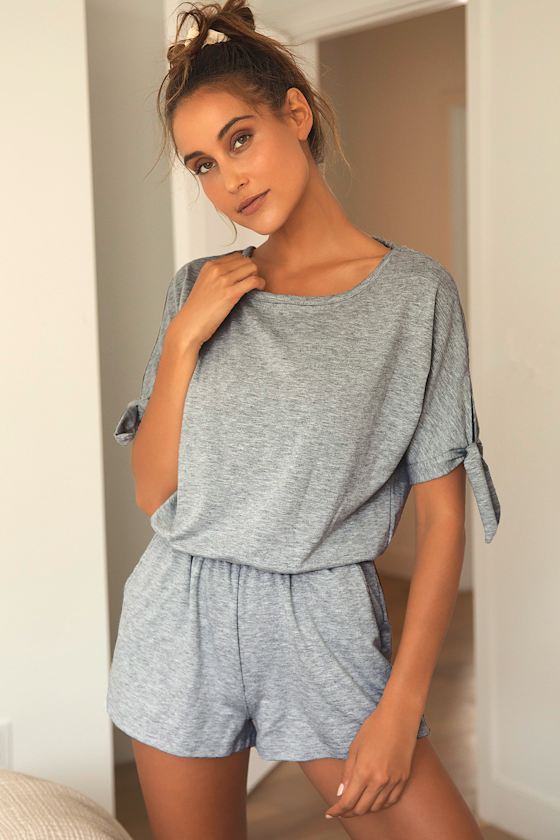 Cozy Knit Romper - Heather Grey Romper - Tie-Sleeve Romper - Lulus
