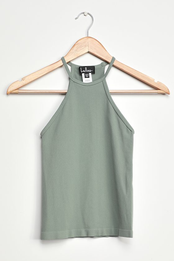 Ribbed Sage Green Tank Top - Low Impact Tank - High Neck Tank Top