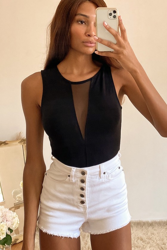 Sexy Black Bodysuit Mesh Plunge Bodysuit Sleeveless Bodysuit Lulus