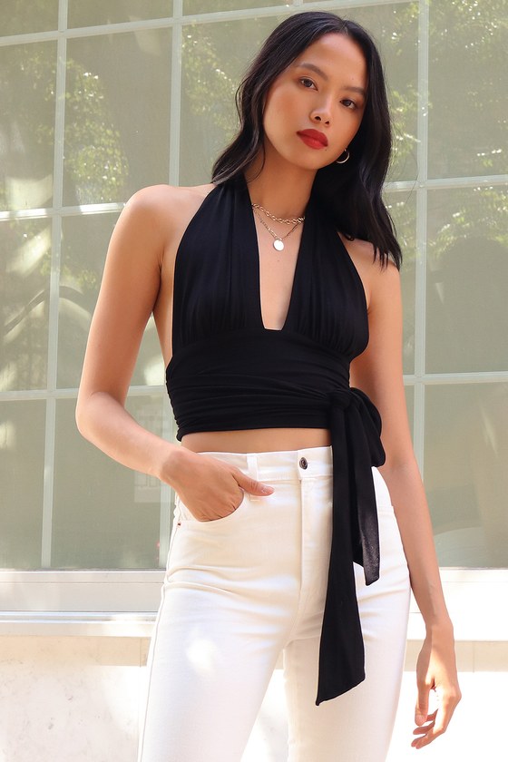 Black Halter Top Flirty Halter Crop Top Cropped Wrap Top Lulus