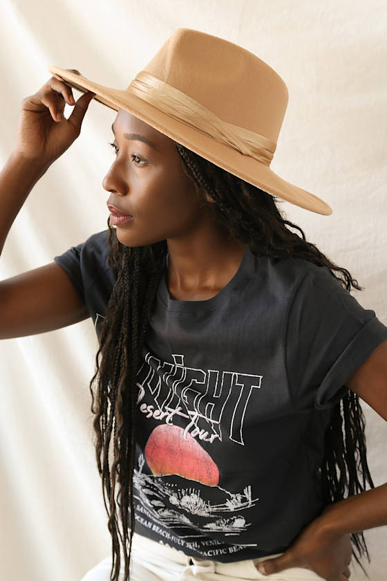 Tan Fedora Hat - Ribbon Trim Fedora - Wide-Brim Felt Hat - Lulus