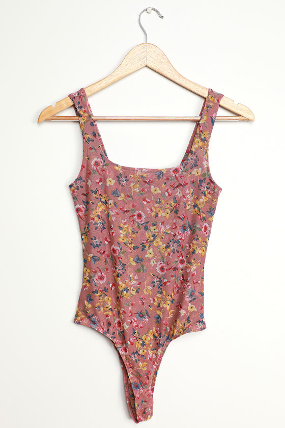 Pink Floral Print Bodysuit - Cute Mesh Bodysuit - Sheer Bodysuit