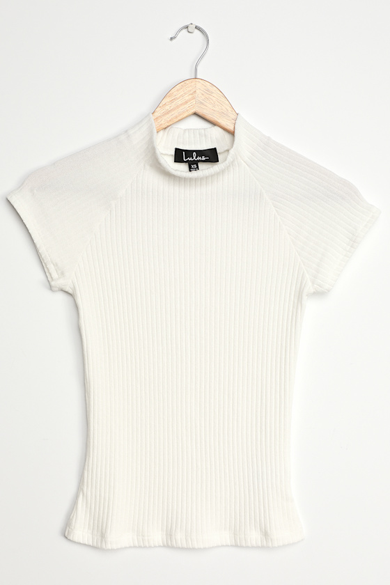 Trendy White Ribbed Tee - Chic Mock Neck Top - Short Sleeve Top