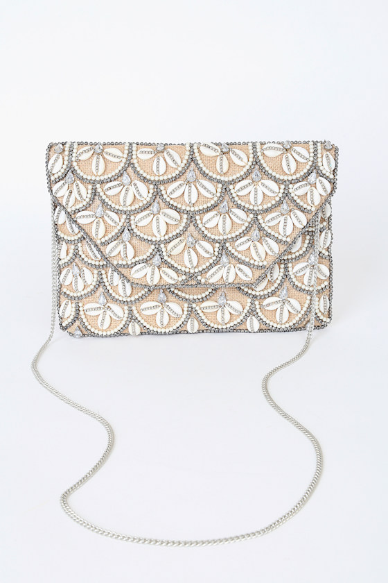 Tan Woven Clutch - Rhinestone Beaded Clutch - Cowrie Shell Clutch - Lulus